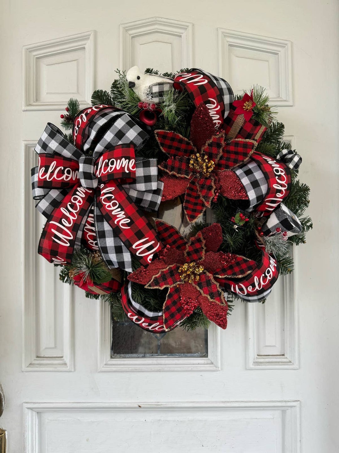 Red Black White Buffalo Check Deco Mesh Ribbon Poinsettia Christmas ...