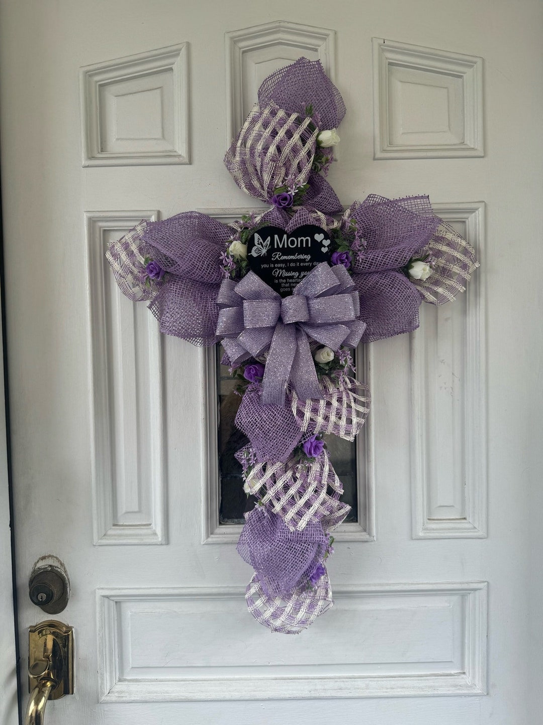Remembering Mom Memorial Day Floral Mesh Cross Wreath for Grave ...