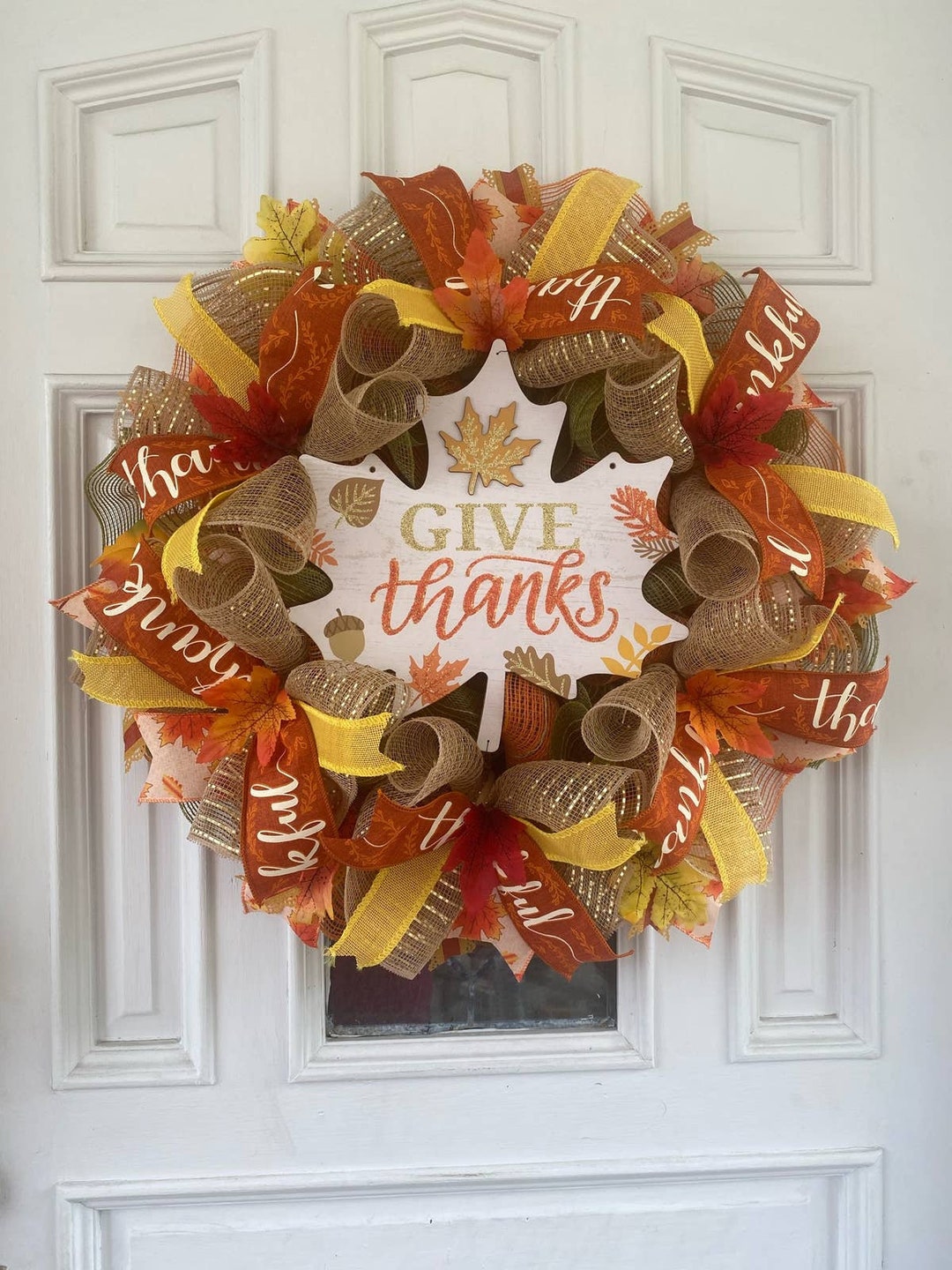 Give Thanks Fall Wreath, Acorn Leaf Shaped Sign, Wired Thankful Ribbon ...