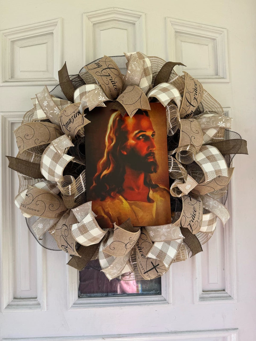 Jesus Wreath, Everyday Year Round Neutral Color Mesh Ribbon Wreath ...