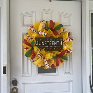 Juneteenth Deco Mesh Ribbon Wreath Red Yellow Green Celebrate Freedom ...