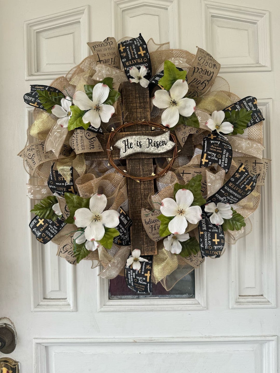He is Risen Christian Easter Wreath With Cross, Burlap & Floral Accents ...