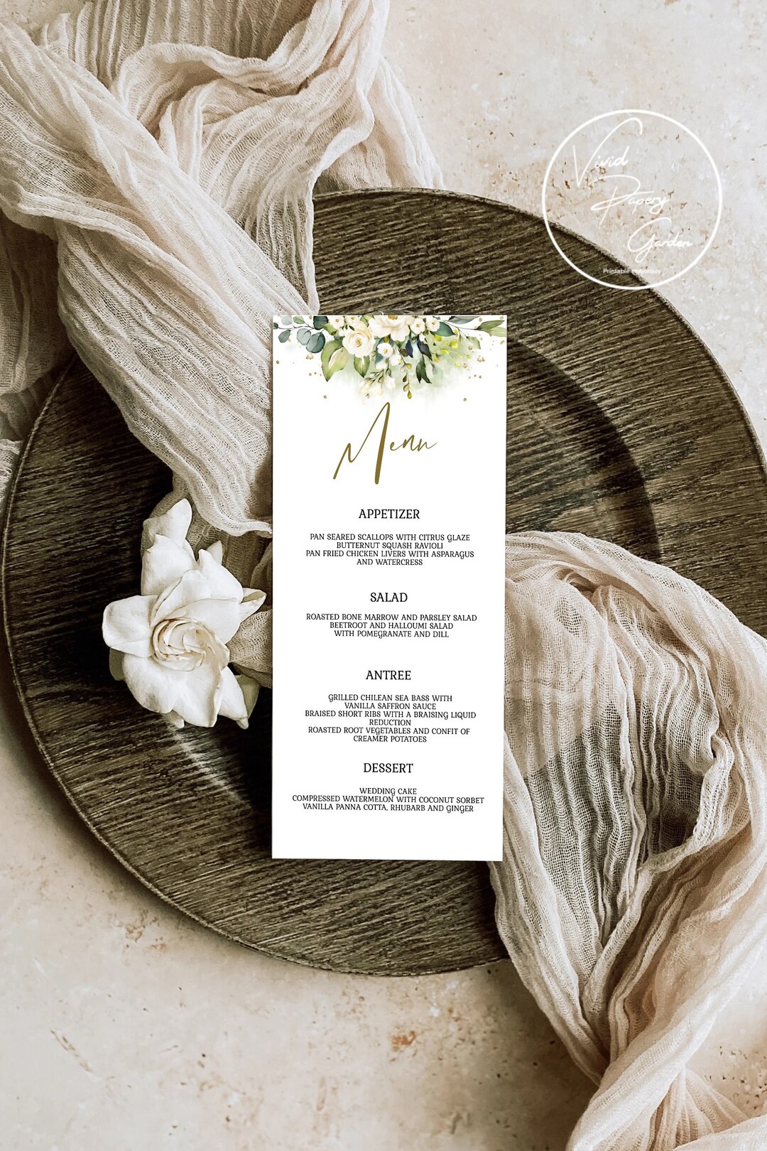 Wedding Food Menu Template With White Roses and Green Foliage. Modern ...