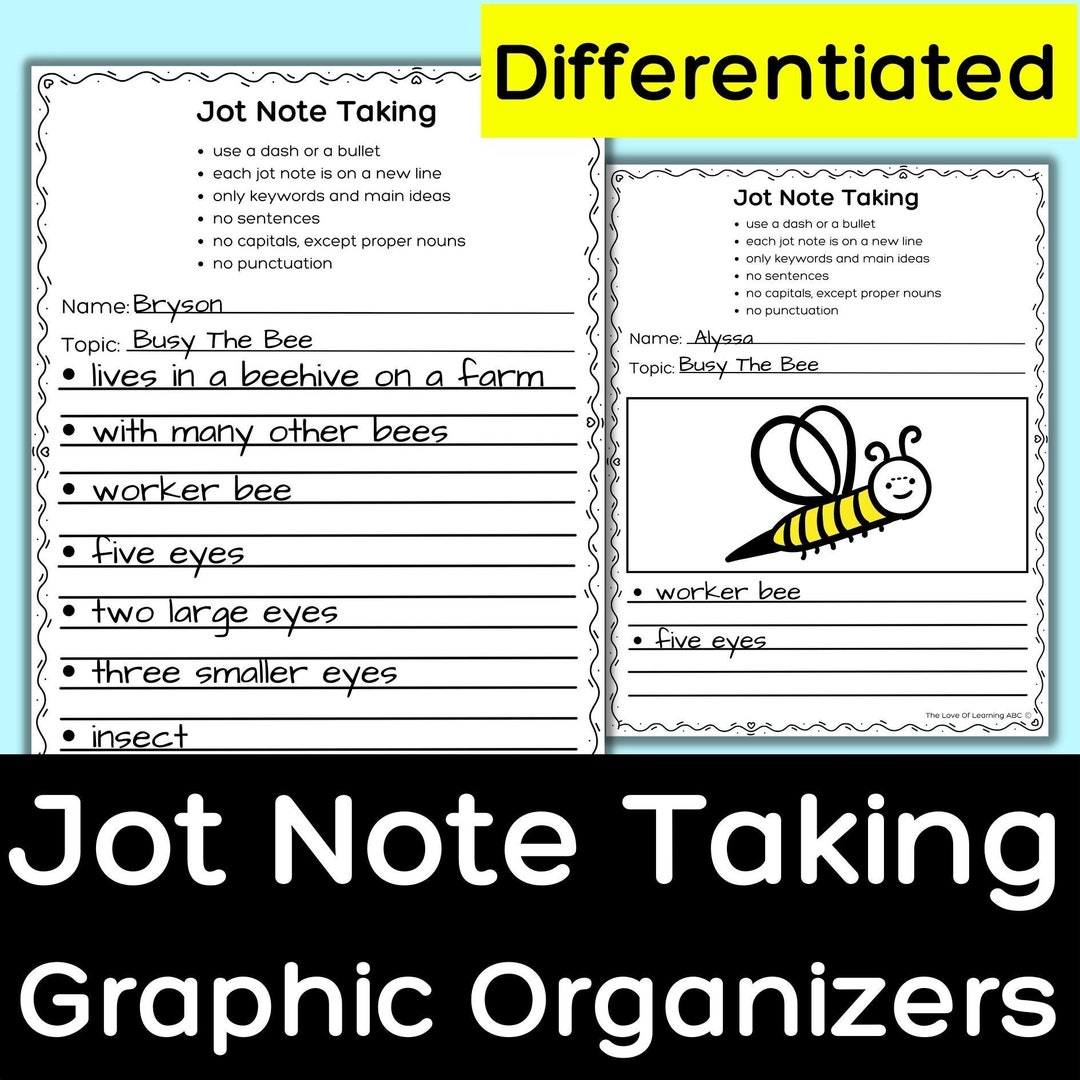 Jot Note Taking Graphic Organizers | Differentiated | Grade 2 | Print ...