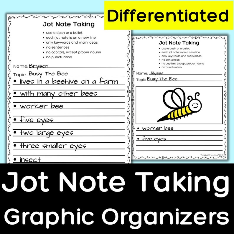 Jot Note Taking Graphic Organizers | Differentiated | Grade 2 | Print ...