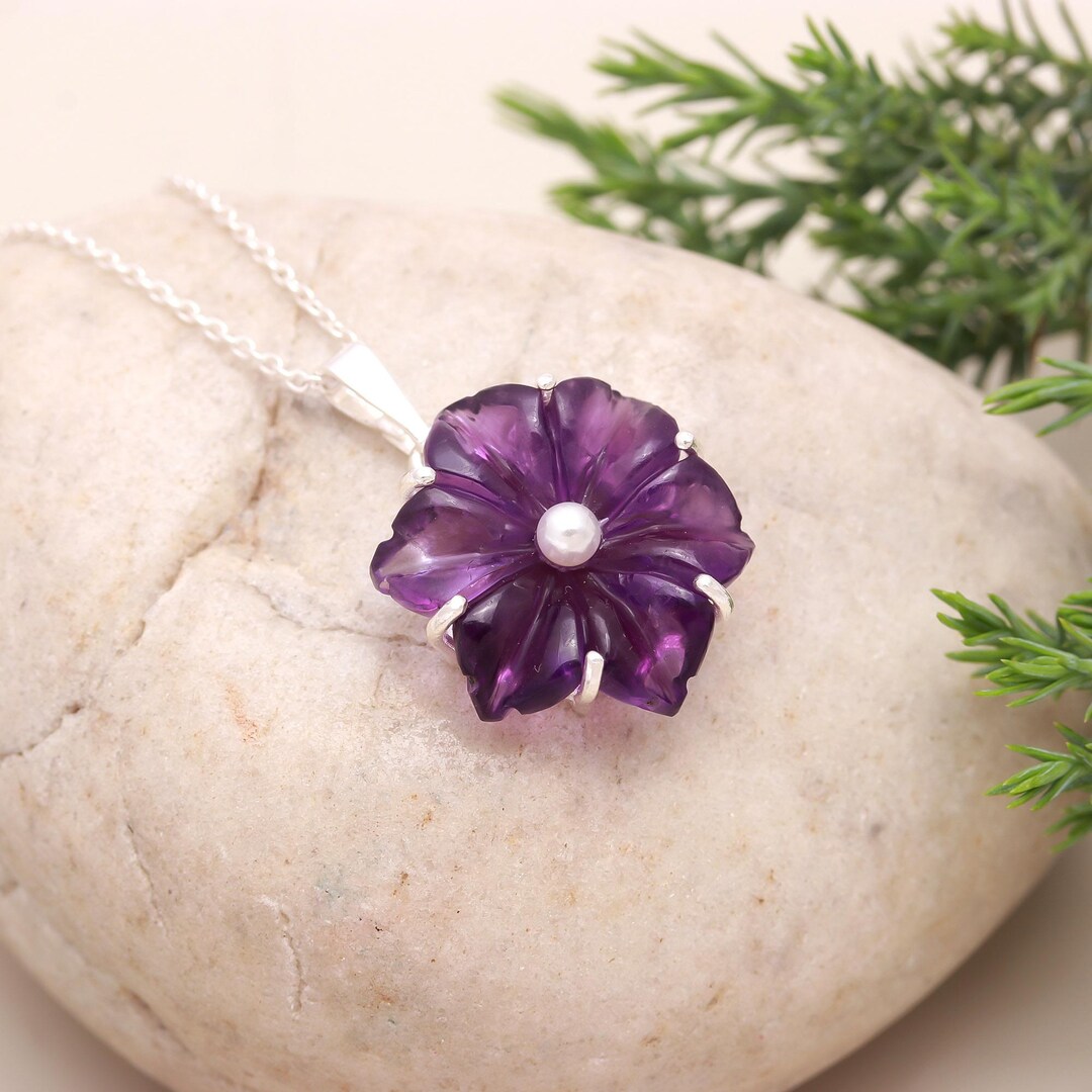 Natural Amethyst Carved Flower Pendant, 925 Silver Handmade Jewelry ...