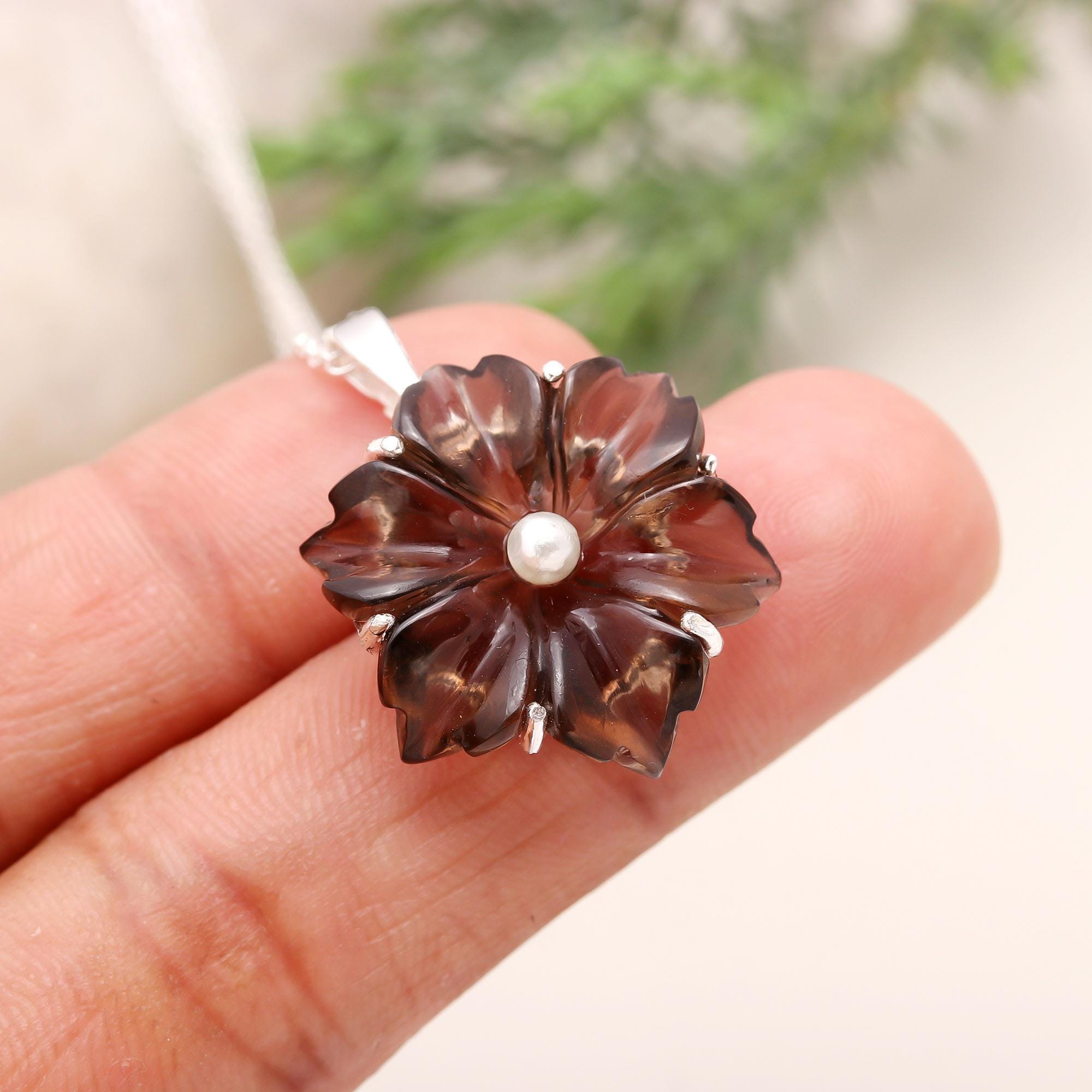 Dainty Smoky Quartz Carved Flower Pendant, 925 Silver Handmade Jewelry ...