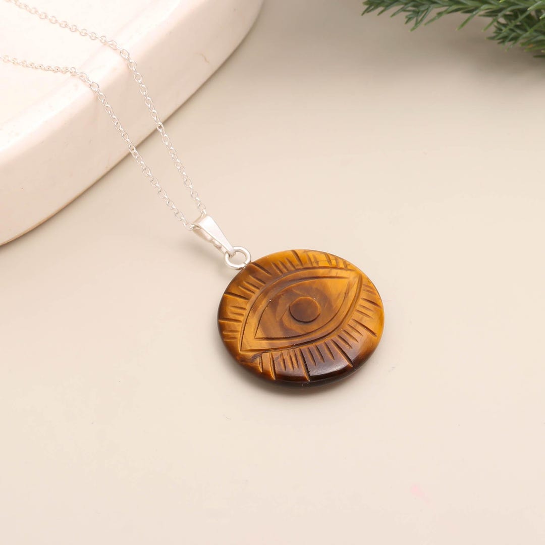 Natural Tiger Eye Round Evil Eye Pendant, 925 Sterling Silver, Tiger ...
