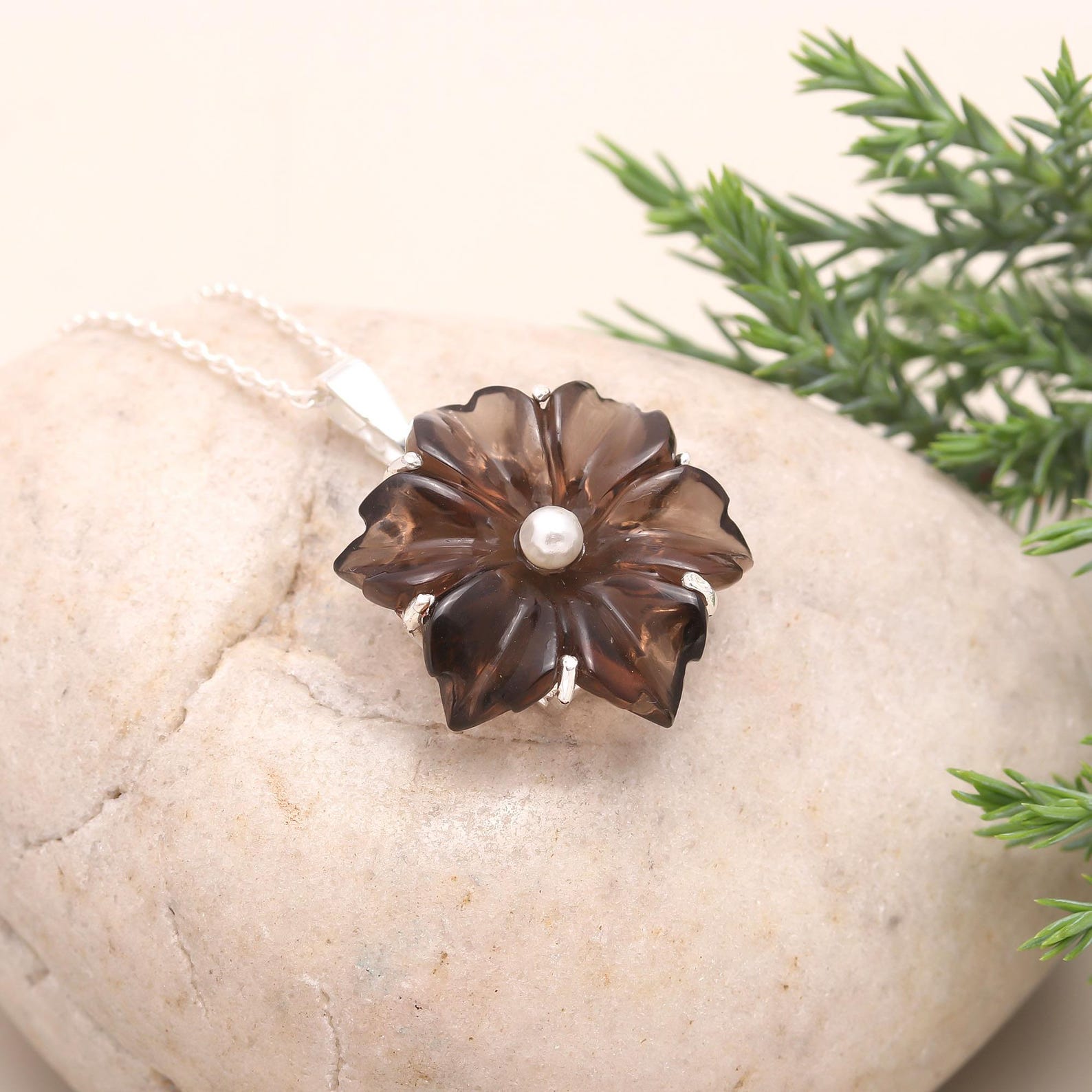 Dainty Smoky Quartz Carved Flower Pendant, 925 Silver Handmade Jewelry ...