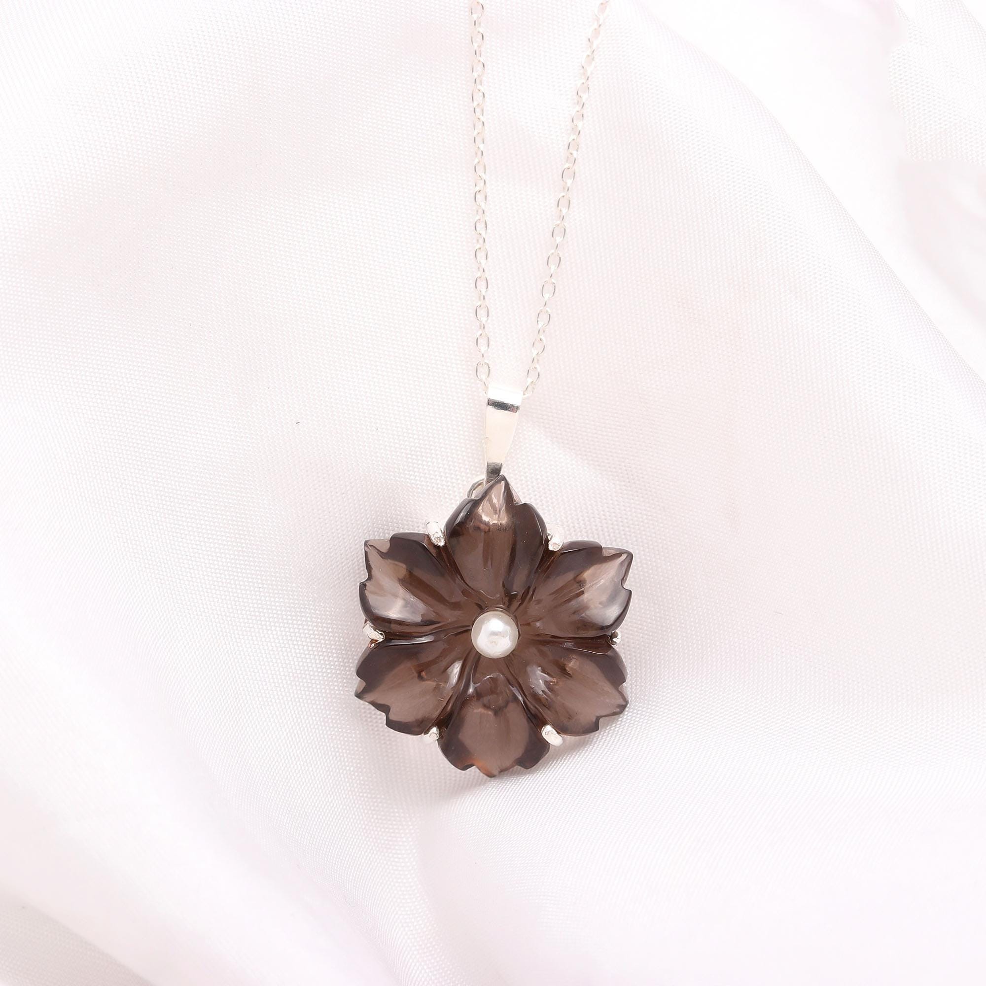 Dainty Smoky Quartz Carved Flower Pendant, 925 Silver Handmade Jewelry ...