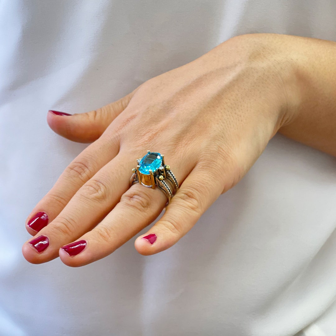 One Ring Two Stone Silver Ring, Aquamarine and White Stone Reversible ...