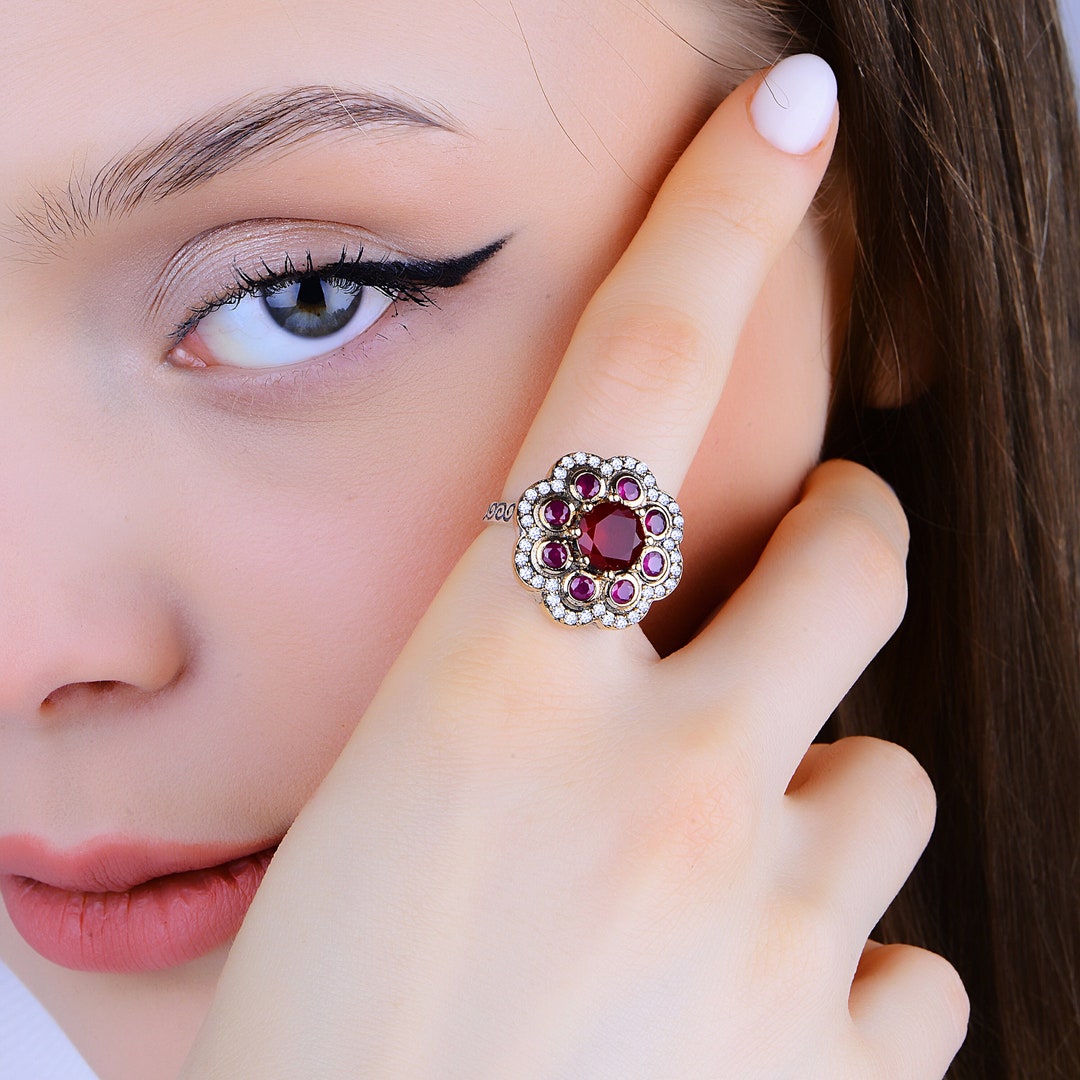 Unique Ottoman-inspired Ruby Stone Silver Ring Vintage Style Silver Band Handcrafted Turkish ...