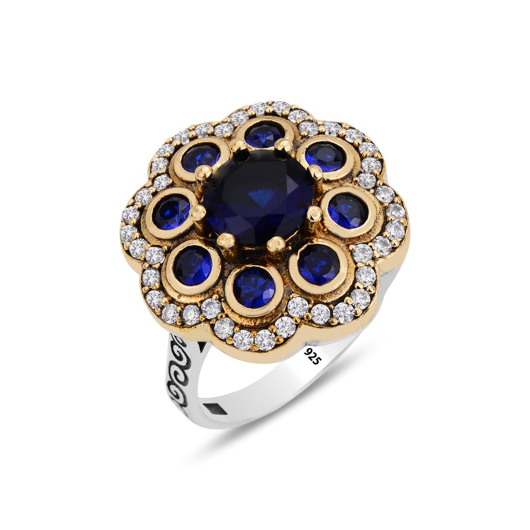 Flower Design Silver Ring, Sapphire Stone Silver Ring, Unique Ottoman ...