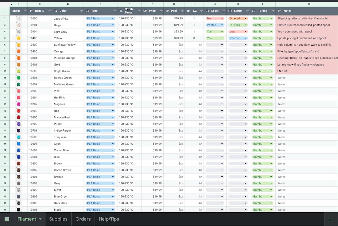 The Ultimate 3D Printing Filament, Supply & Order Tracker (google ...