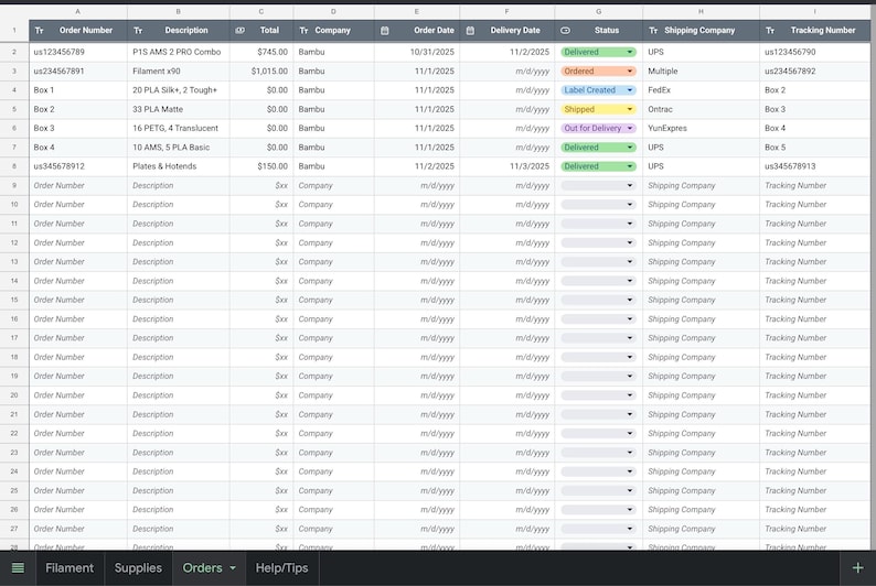 The Ultimate 3D Printing Filament, Supply & Order Tracker (google ...