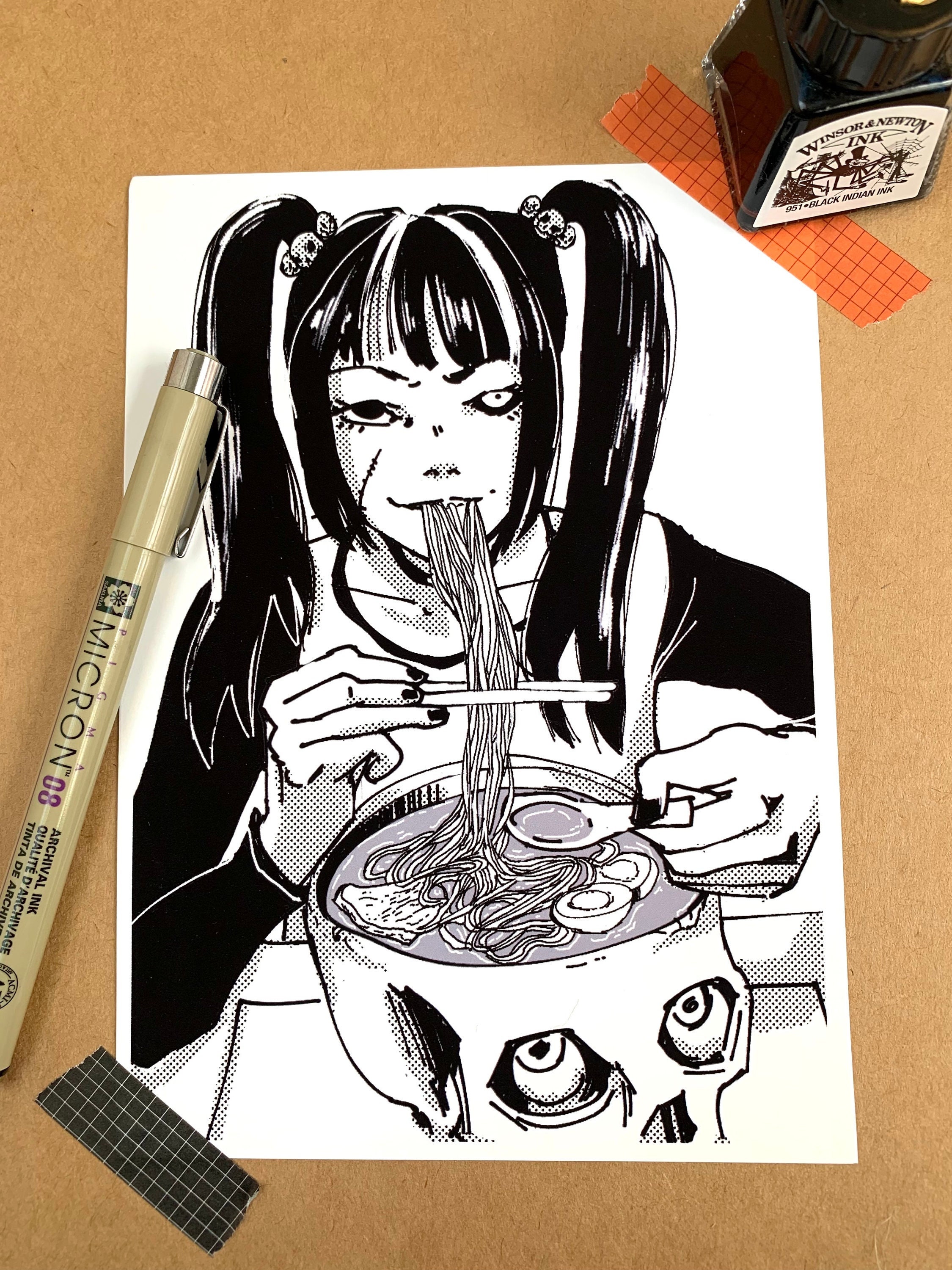 Zombie Girl Eating Ramen Inktober Artprint - Etsy