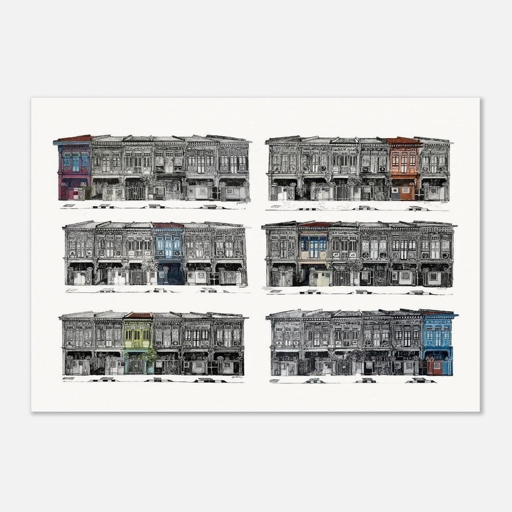 Singapore Peranakan Shophouses Colour Fine Art Wall Print, Framed ...