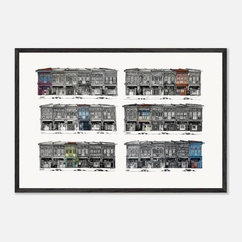 Singapore Peranakan Shophouses Colour Fine Art Wall Print, Framed ...