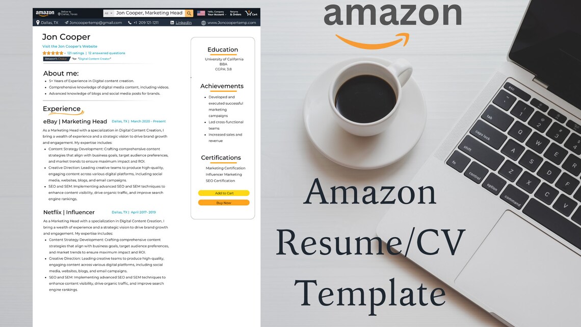 AMAZON Resume Template 2024, Amazon Cv, FAANG Resume Canva, CV Template ...