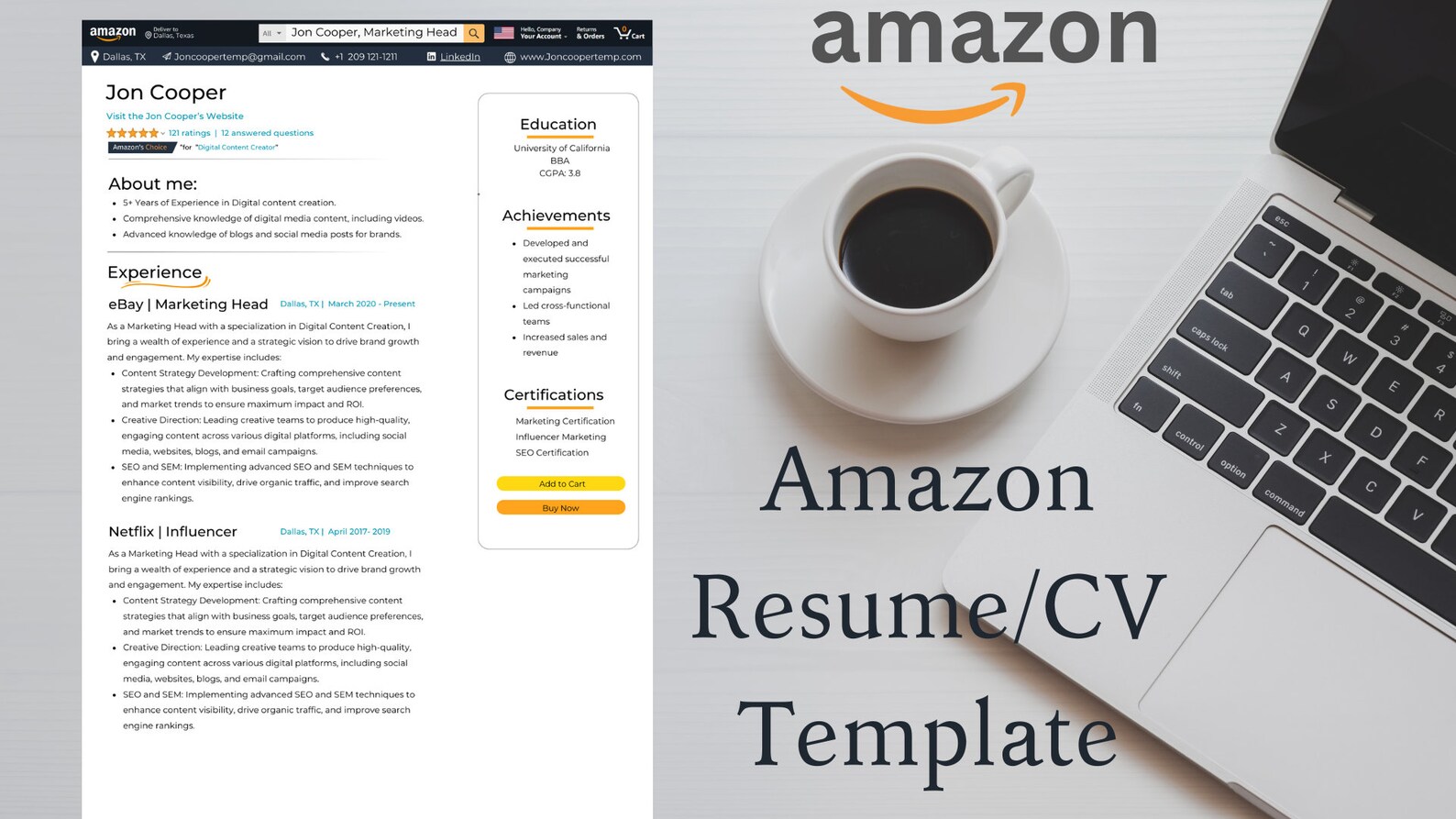 AMAZON Resume Template 2024, Amazon Cv, FAANG Resume Canva, CV Template ...