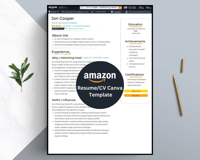AMAZON Resume Template 2024, Amazon Cv, FAANG Resume Canva, CV Template ...