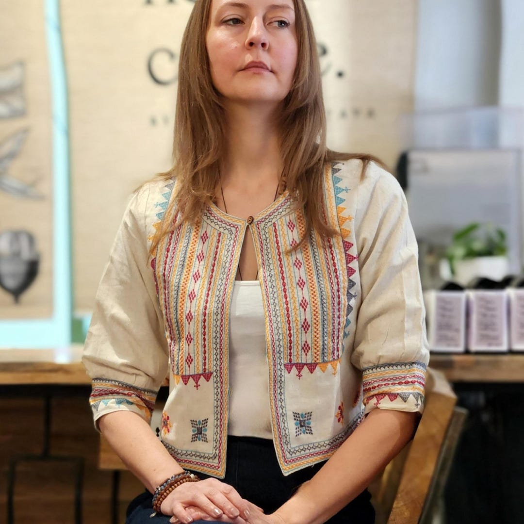 Handmade Embroidered Boho Jacket: Vintage Indie Cotton Open-front Coat ...