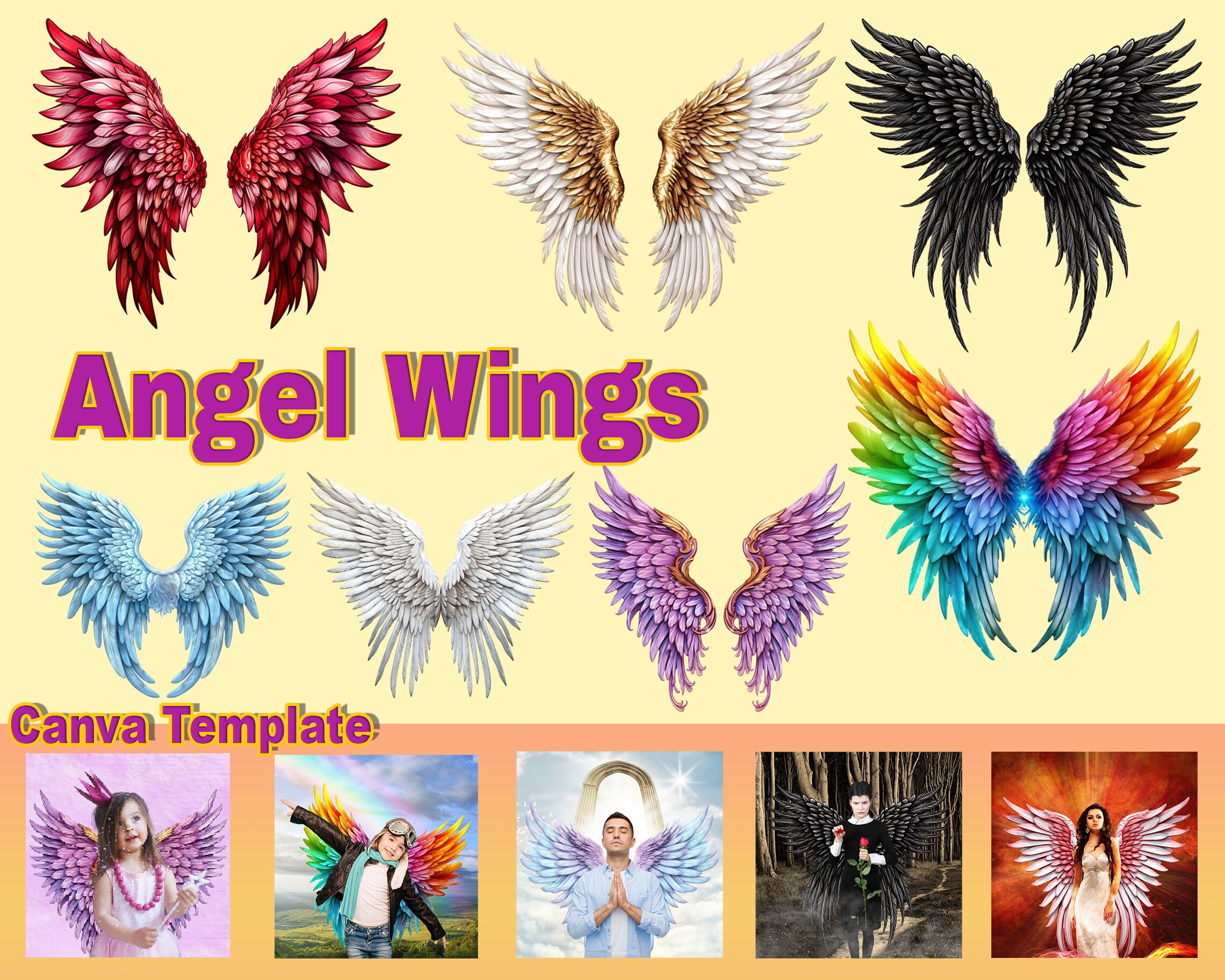 Angel Wings Clipart, Angel Wings Canva Editable Template, White Wings ...
