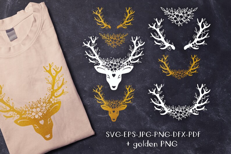 Deer Head SVG With Flowers, Set of Stag Silhouette Decor, Design ...
