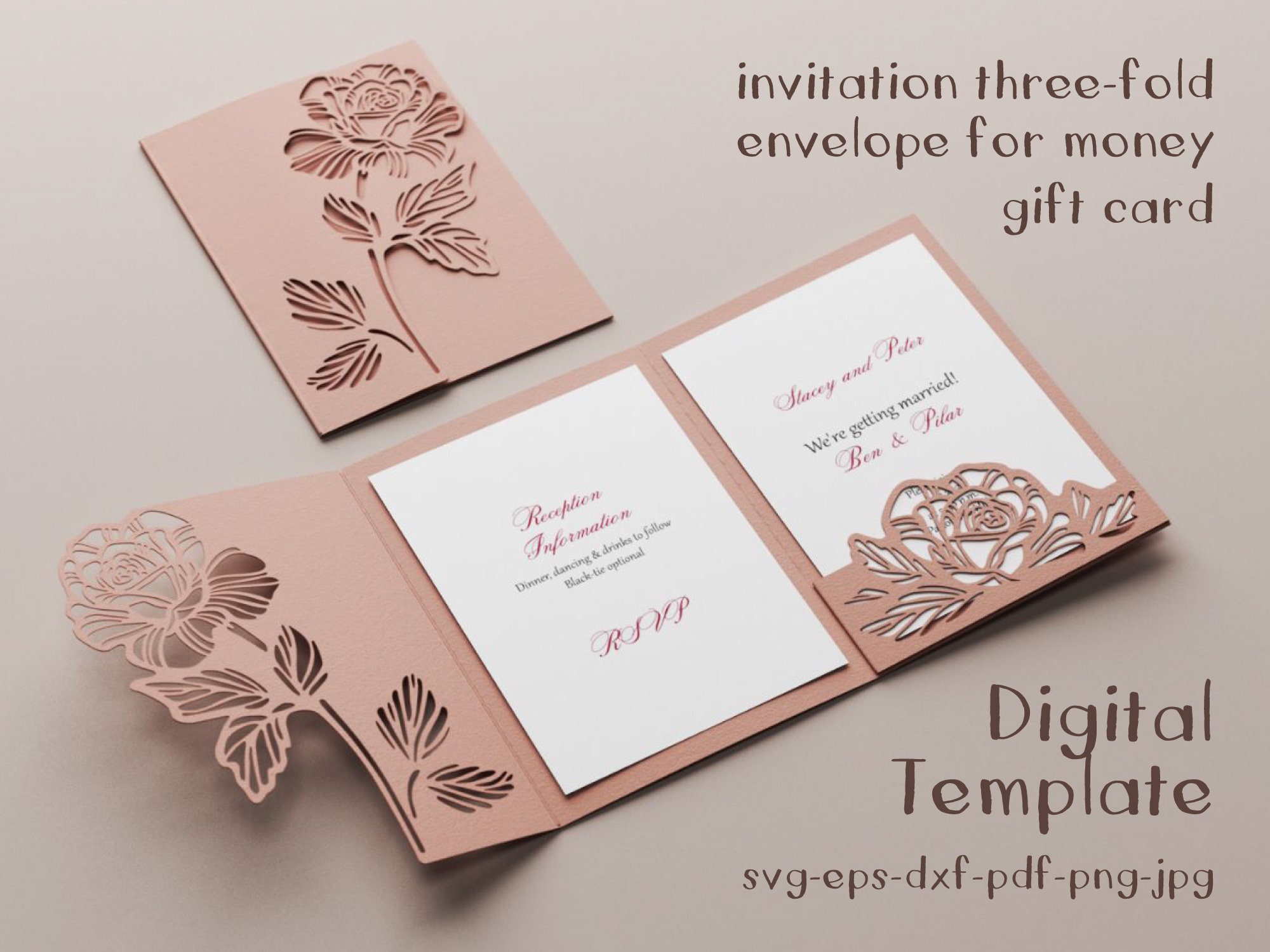 Rose Karte SVG, DIY-Einladung Vorlage, Hochzeitsumschlag Dxf Eps Png ...