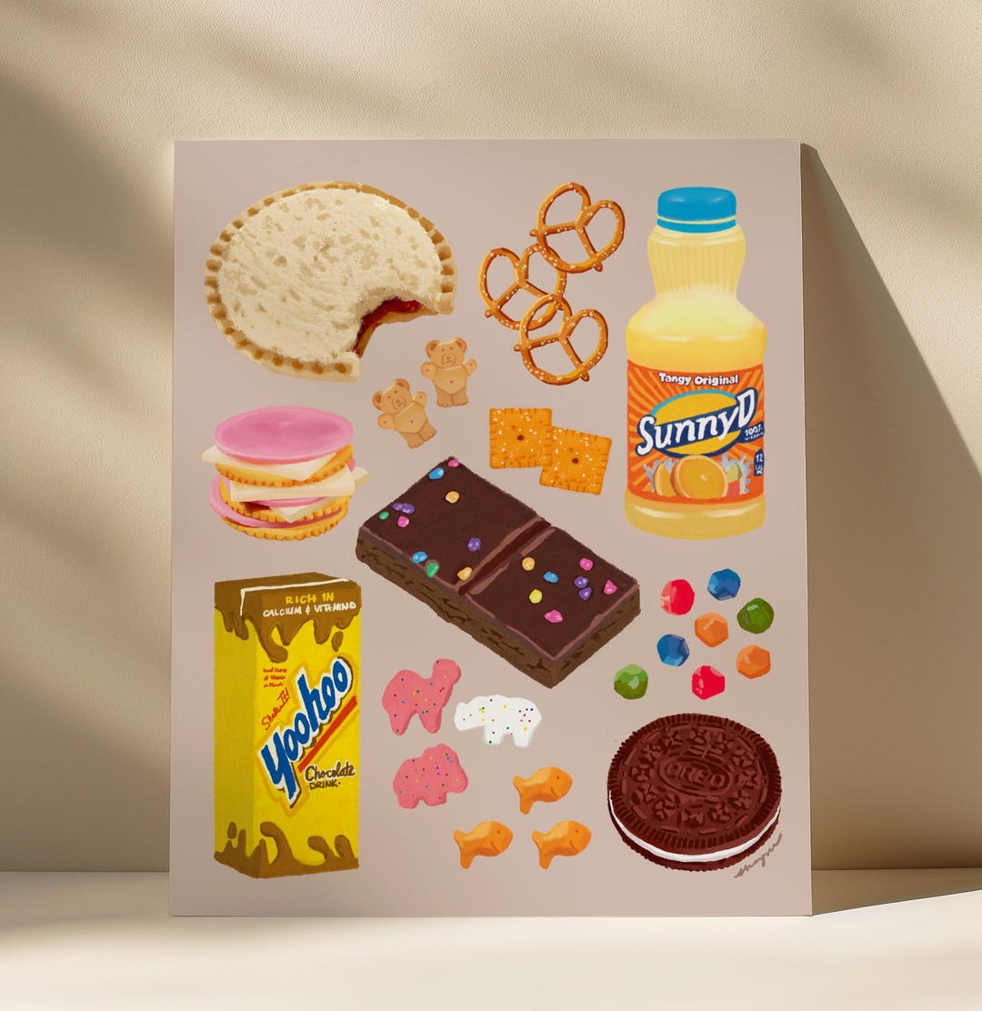2000s Lunchbox Nostalgic Snacks and Drinks | Kitchen Food Art Print ...