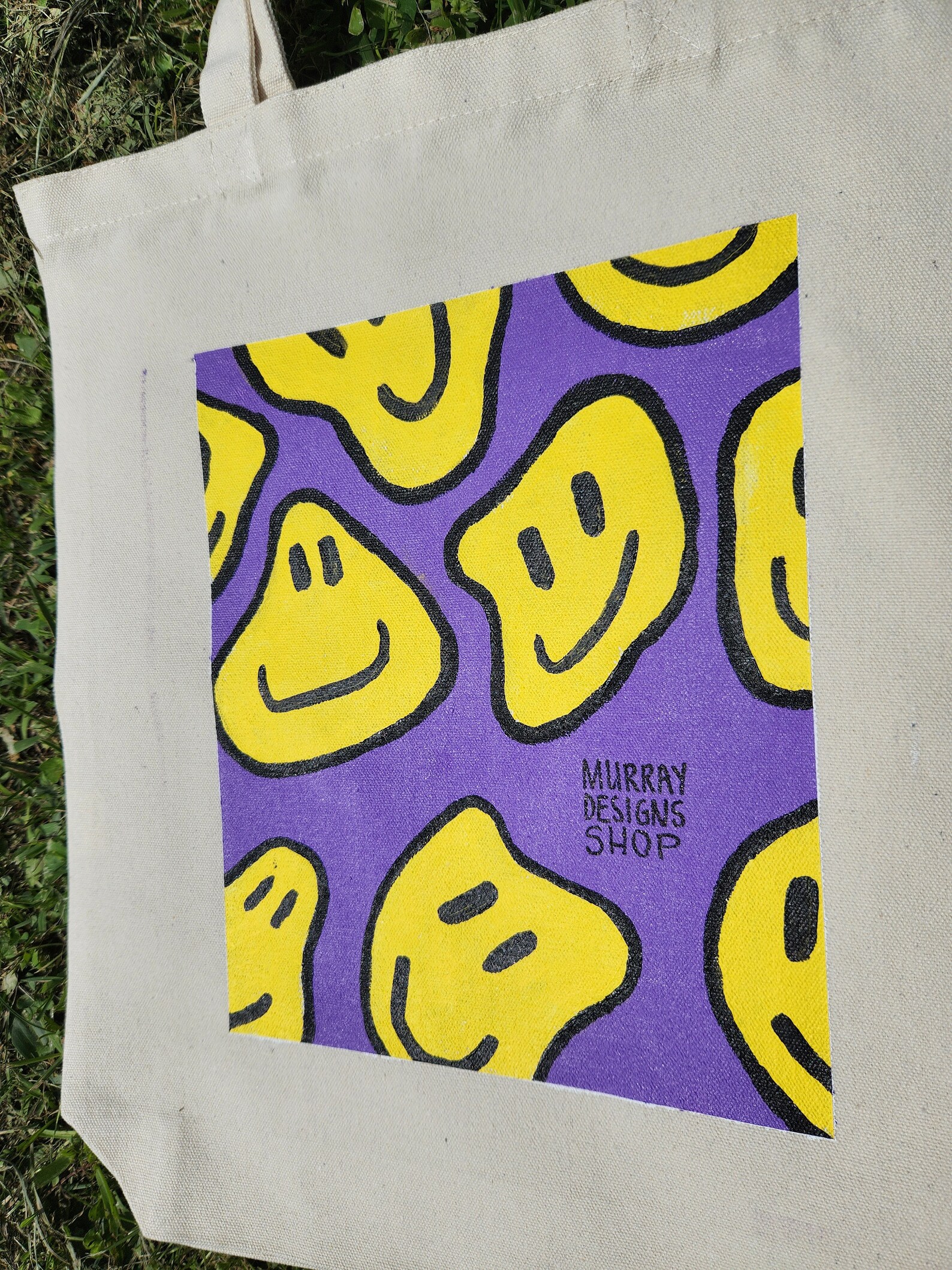 Hand Painted Smiley Face Tote Bag - Etsy