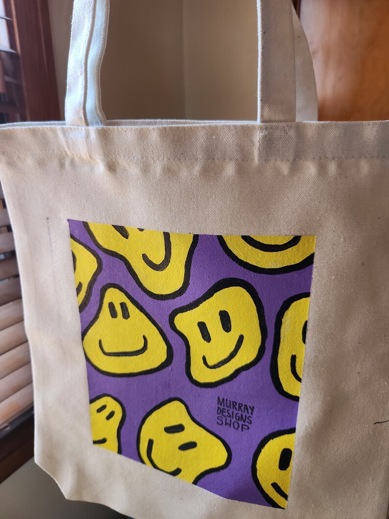 Hand Painted Smiley Face Tote Bag - Etsy