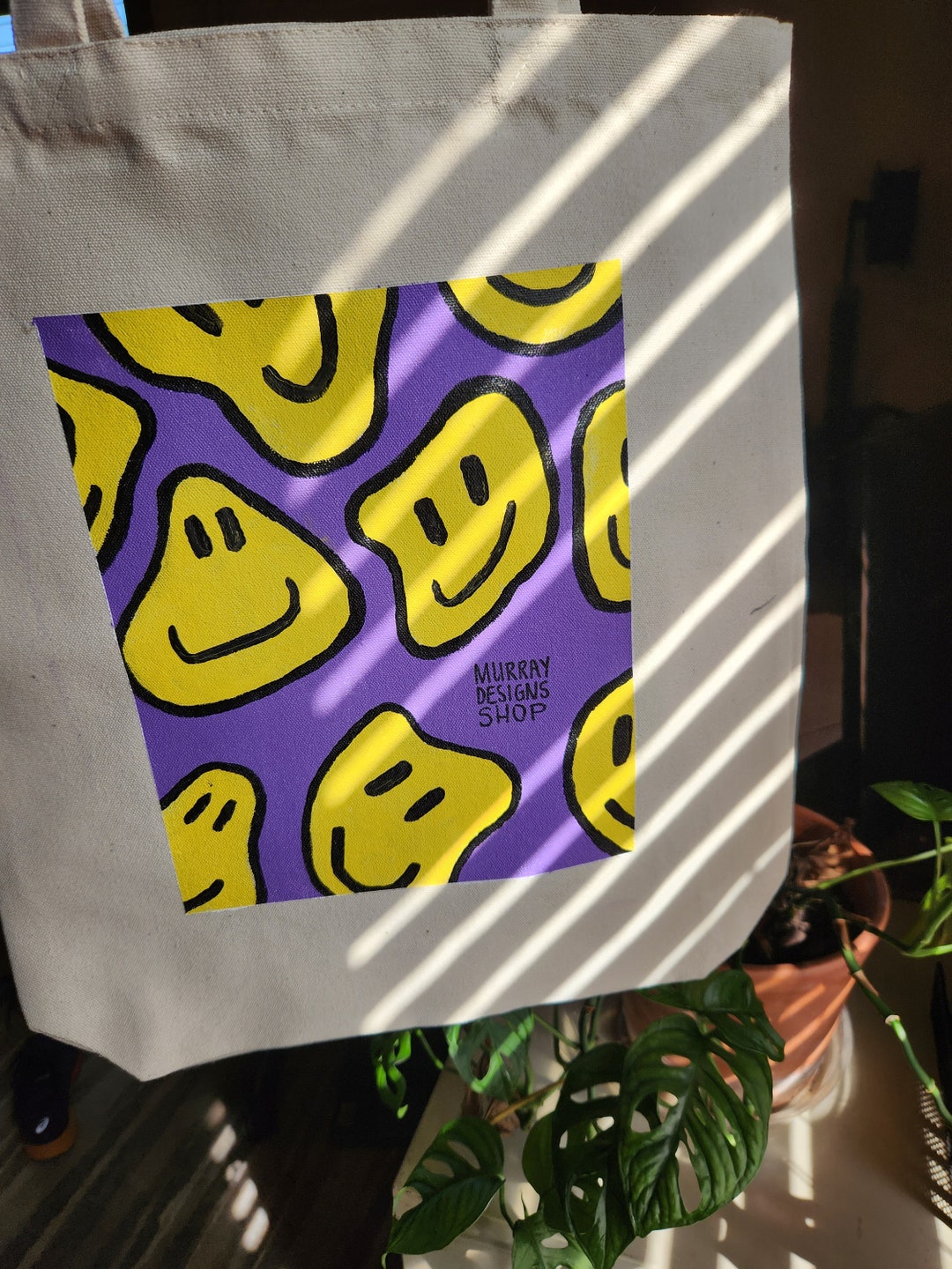 Hand Painted Smiley Face Tote Bag - Etsy