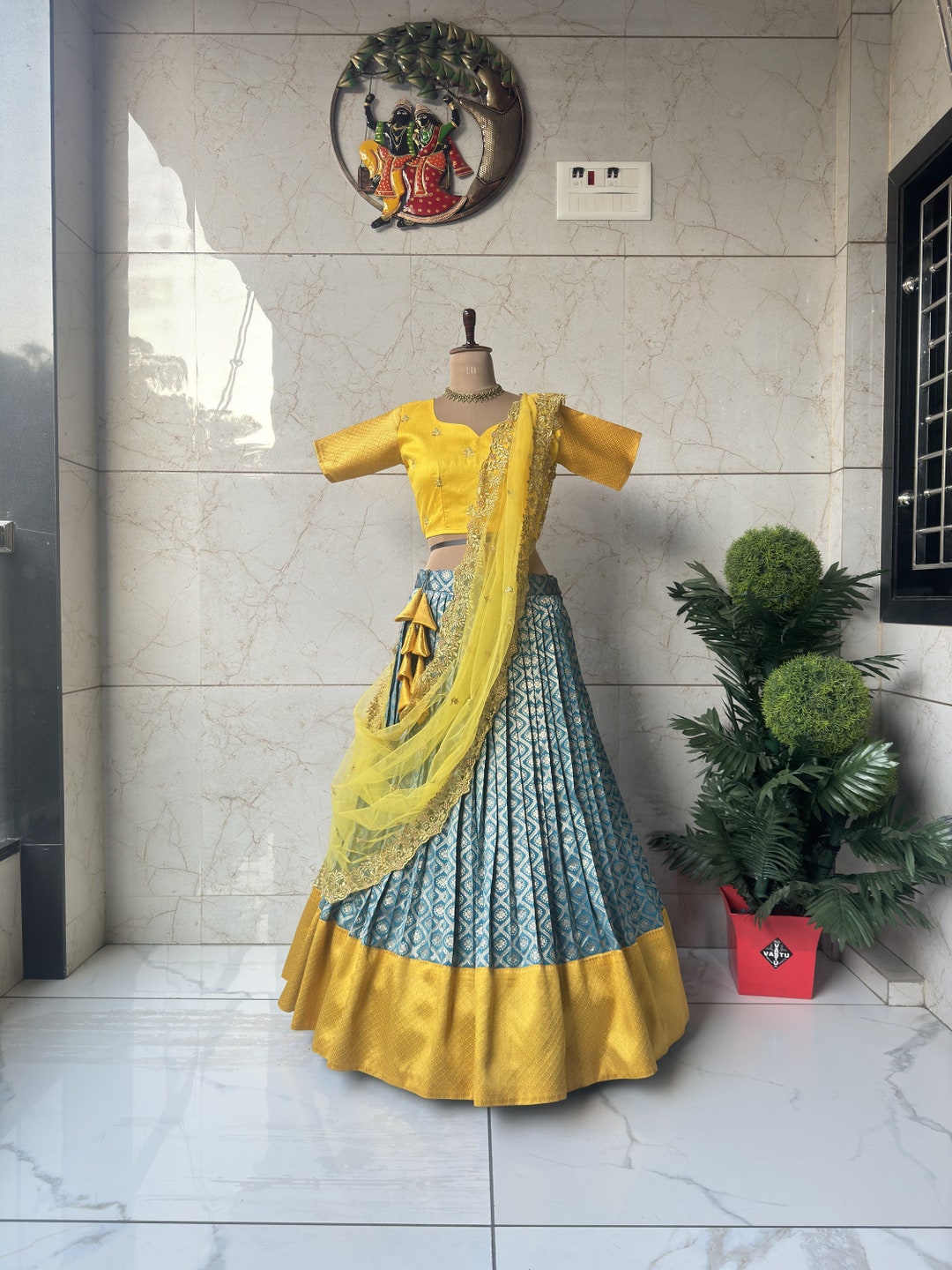 Blue and Yellow Indian Classical Kanjivaram Lehenga Dhavni Langa Voni ...