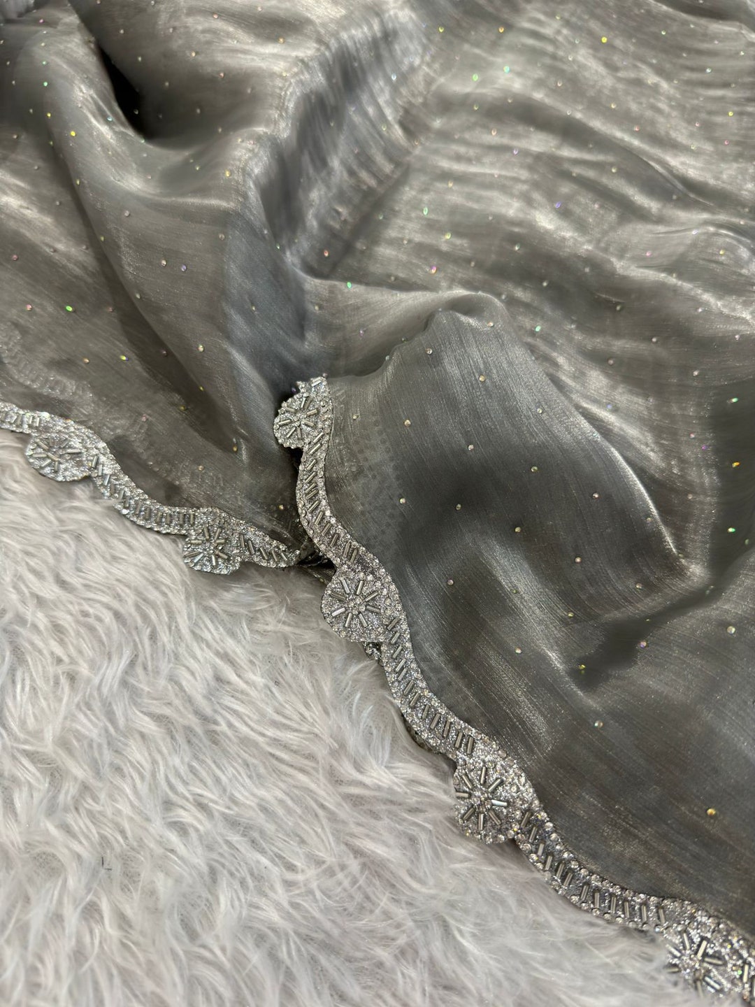 Gray Jimmy Choo Silk With Pure JARKAN Handcraft Lace Saree for USA ...