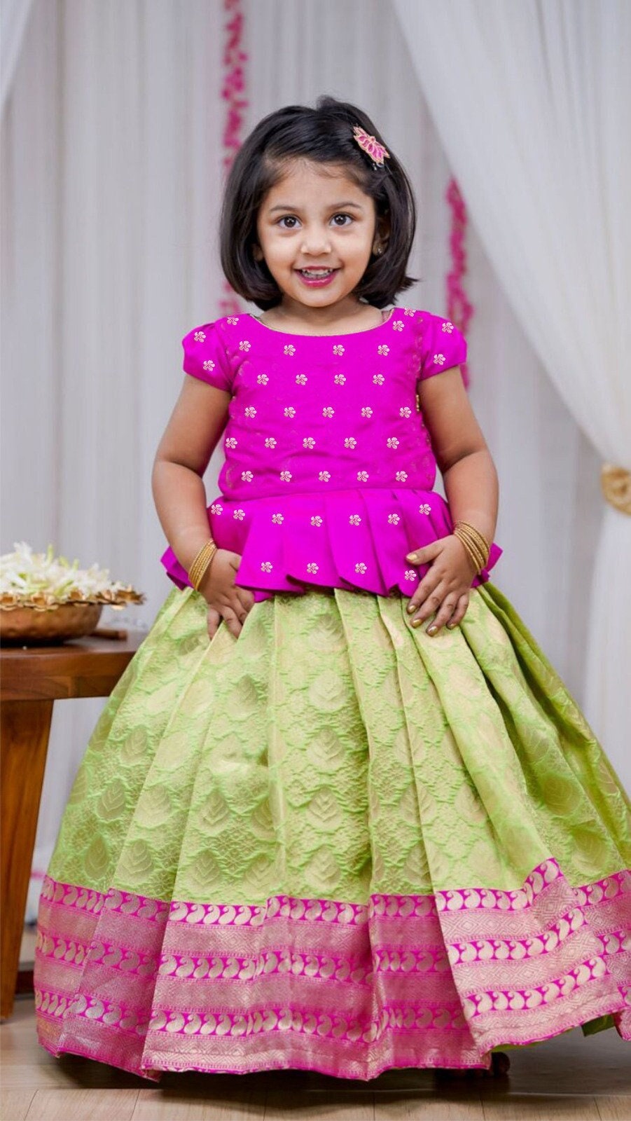 PINK and Green Designer Half Saree for TEENS Pattu Pavadai Girls Wear ...