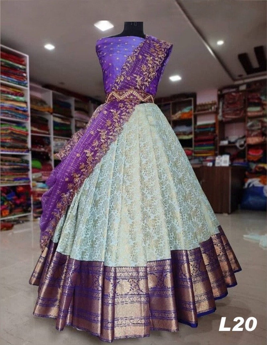New Kanjiveram Half Saree Lehenga Half With Along Nett Embroidery Work ...