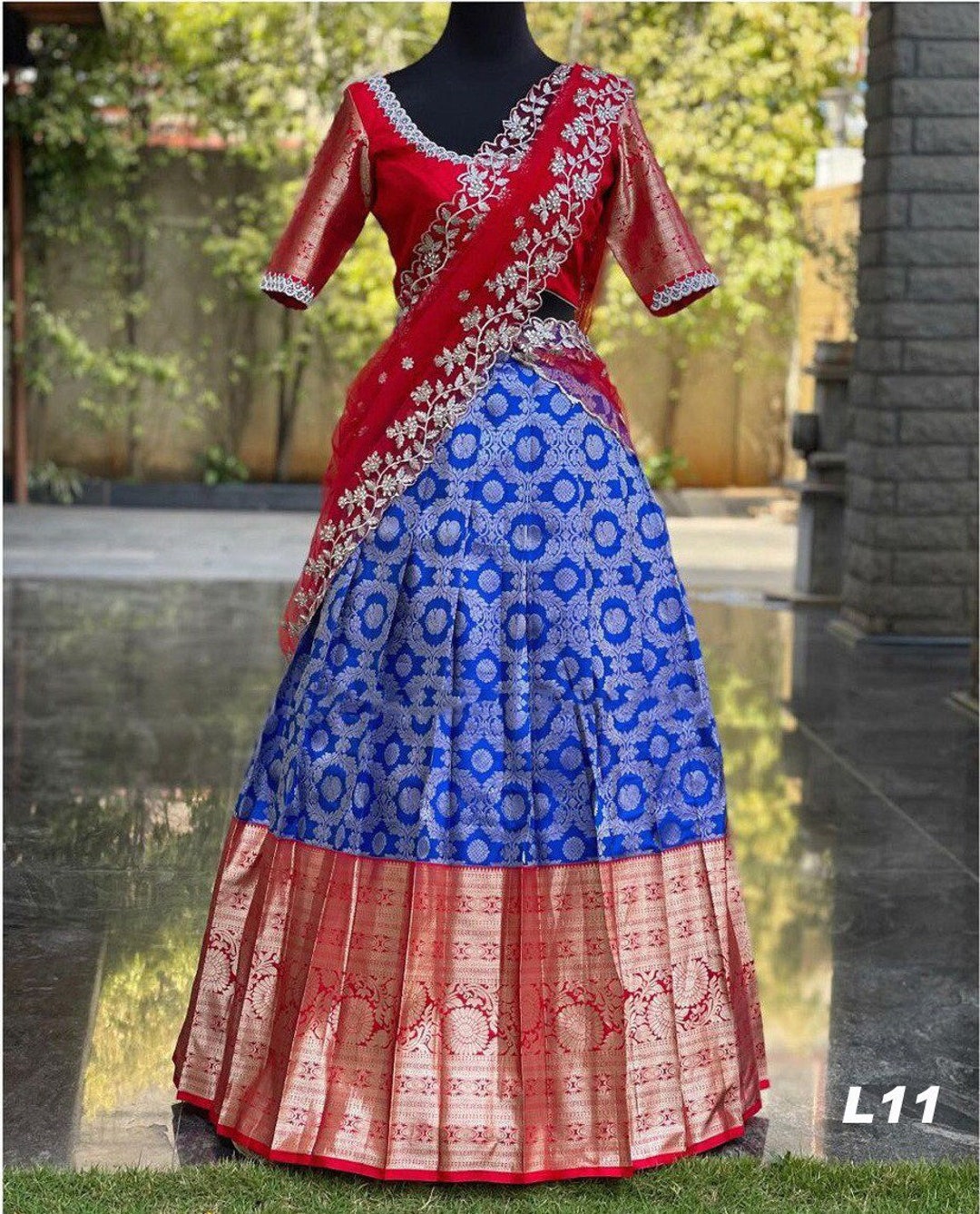 New Kanjiveram Half Saree Lehenga Half With Along Nett Embroidery Work ...
