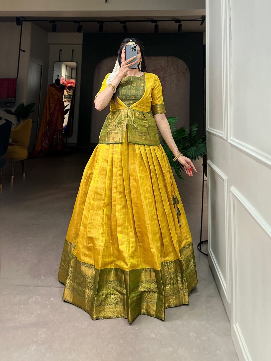 Yellow and Green Kanjivaram Southindian Style Lehenga for Women Lehenga ...