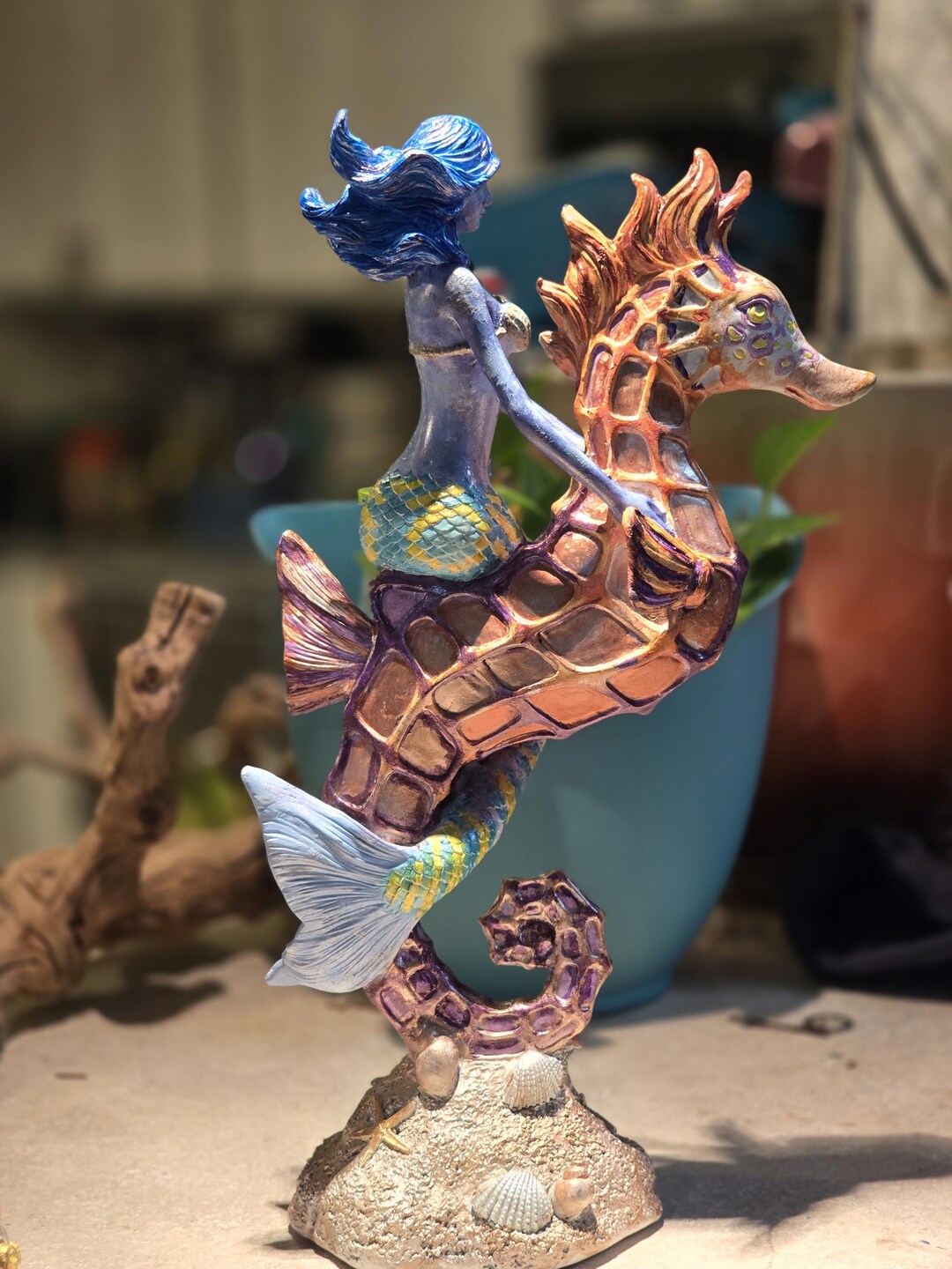 Mermaid Riding Seahorse Wet Look Hand-painted Sculpture - Etsy