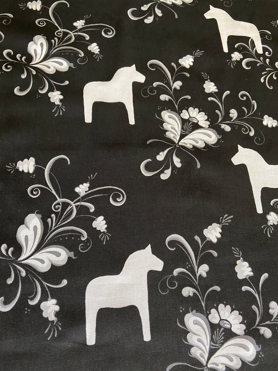 Scandinavian Cotton Fabric White Swedish Horse on Black Fabric Home ...