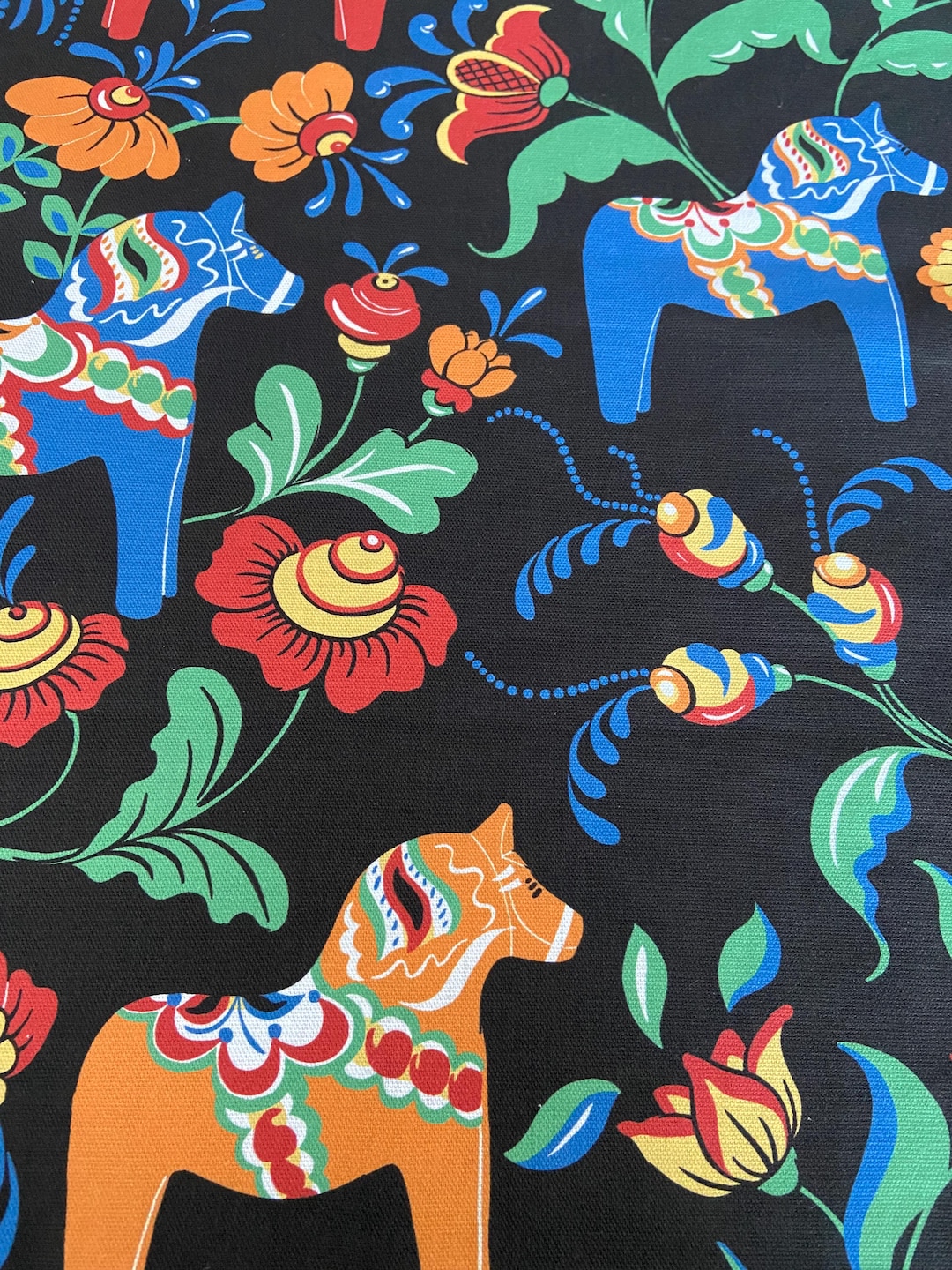 Scandinavian Cotton Fabric White Swedish Horse on Black Fabric ...