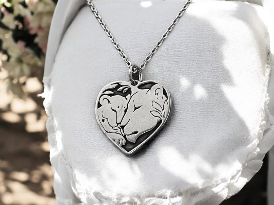 Silver Lion Necklace, Silver Lioness Pendant, Lion Cub Heart Jewelry ...
