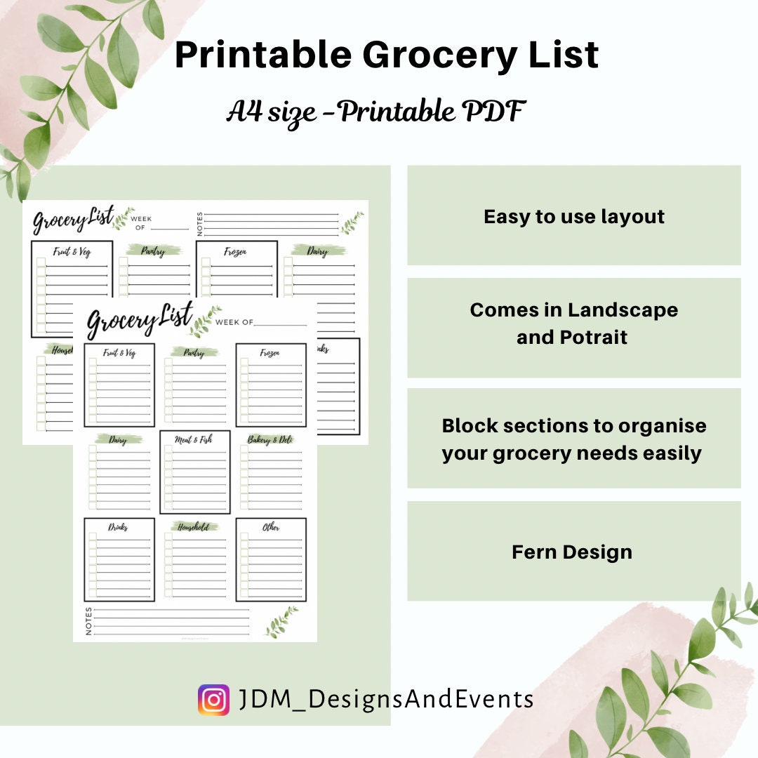 Printable Grocery List, Print at Home Groceries List, Food Planner ...