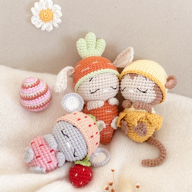 Strawberry-mouse + Carrot-bunny + Banana-monkey - PDF Crochet Pattern ...