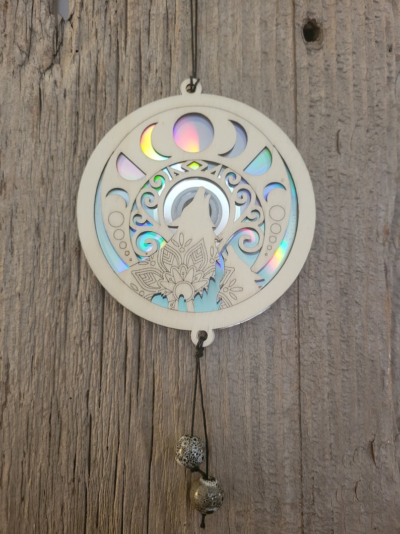 Wolves Howling at Moon Suncatcher Reflector Upcycled Cds Laser Cut Wolf ...