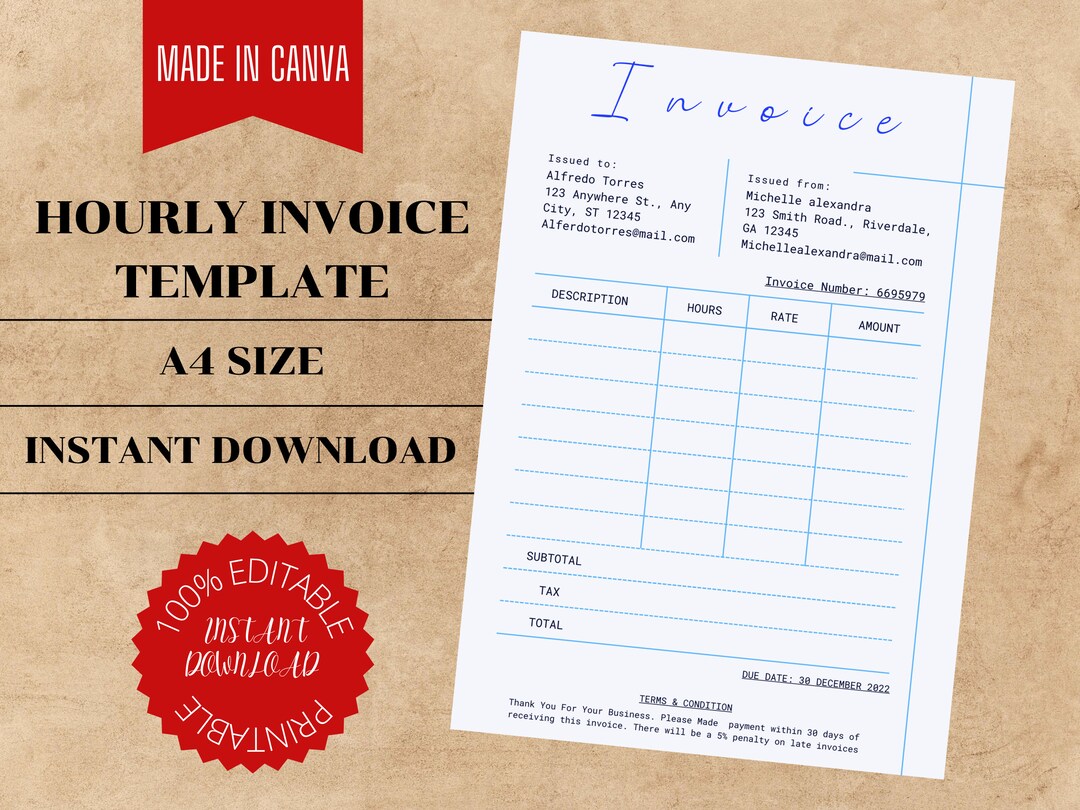 Invoice Template, Hourly Invoice Template, Invoice Template for Small ...