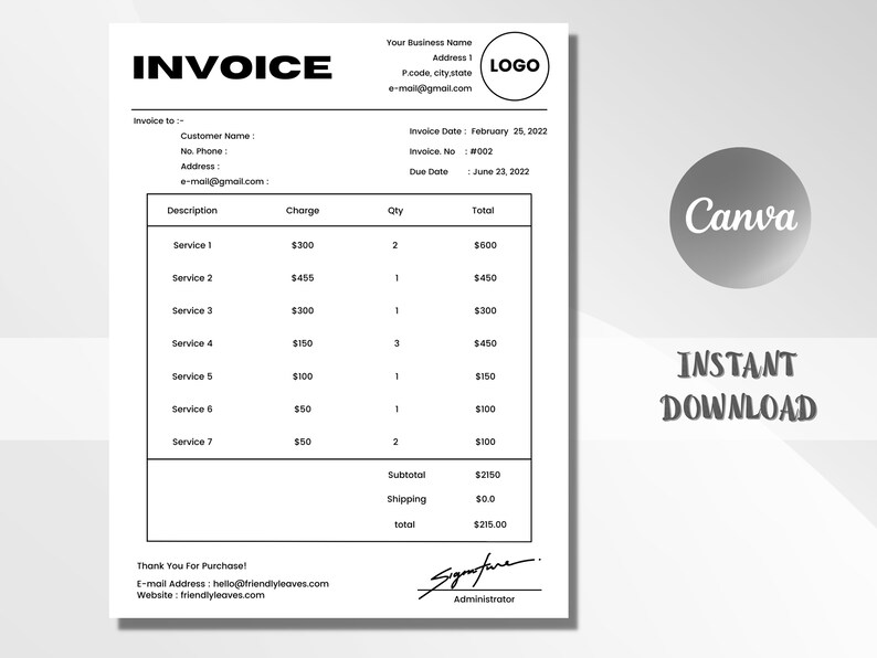 Invoice Template Editable Invoice Invoice With Logo Invoice | Etsy