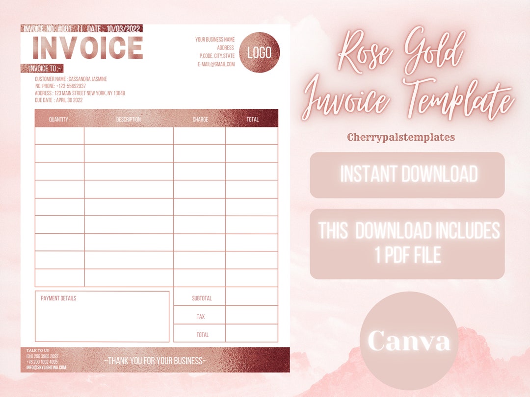 Invoice Template, Rose Gold Invoice, Editable Invoice Form, Small ...