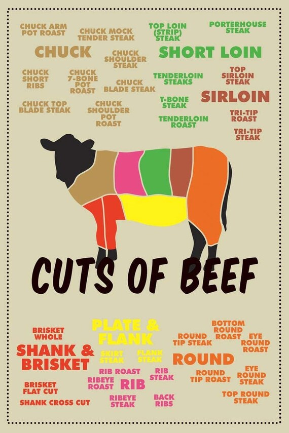 Cuts of Beef Meat Color Coded Chart Butcher Light Cow Diagram - Etsy ...
